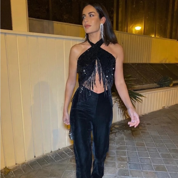 Zara | Pants & Jumpsuits | New Zara Fringed Sequin Halter Neck Jumpsuit ...